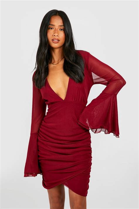 Petite Mesh Flare Sleeve Plunge Wrap Mini Dress Boohoo Uk