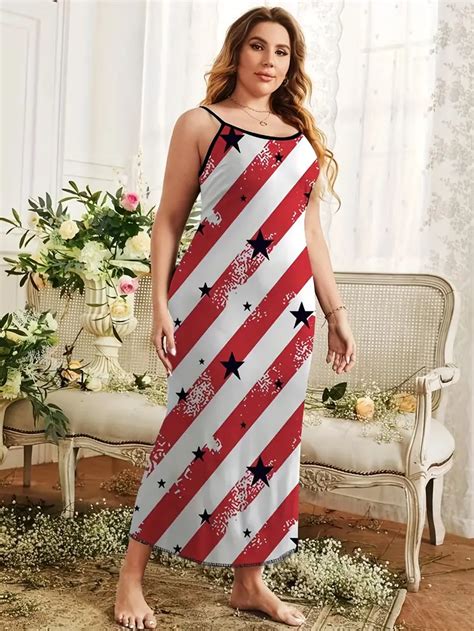 플러스 사이즈 독립 기념일 캐주얼 나이트 드레스 여성용 플러스 컬러 블록 스타 프린트 캐미 슬립 Temu
