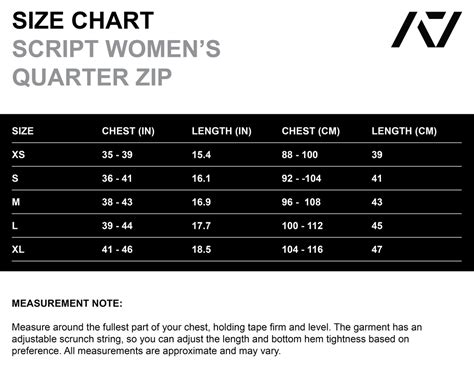 A7 Size Charts Workout Apparel Measurements A7