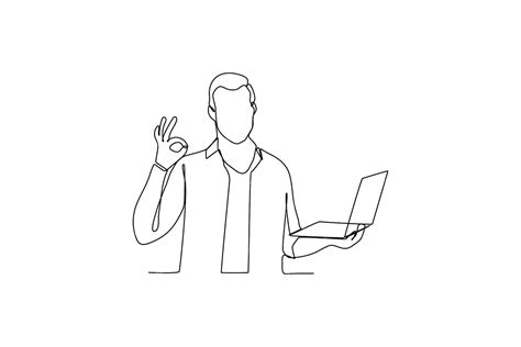 Un Seul Dessin Au Trait Homme Tenant Un Ordinateur Portable Et