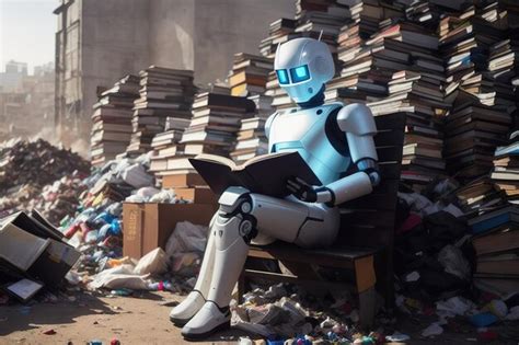 Premium Photo An Android Robot Reads A Book Sitting On A Bench