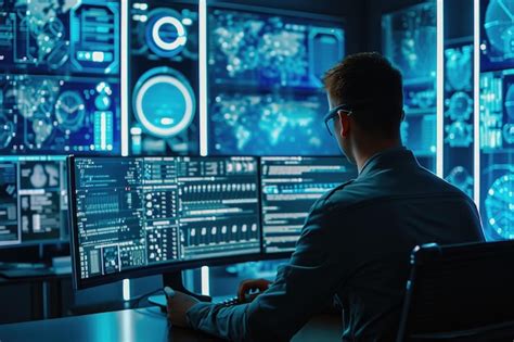 Premium Photo A Man Sitting At A Desk In A Focused Position Working On Two Computer Monitors