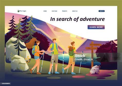 젊은 이들은 적극적인 걷기 북유럽 숲 속 의 산책에 종사 하고 있습니다 플랫 2d 문자입니다 방문 페이지 개념 및 웹 디자인 건강한 생활방식에 대한 스톡 벡터 아트 및 기타