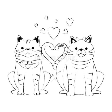 Cute Couple Cats Mascots With Hearts Characters Stock Illustration