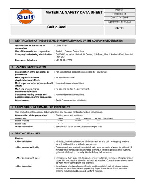 Gulf E Cool Msds Download Free Pdf Toxicity Personal Protective