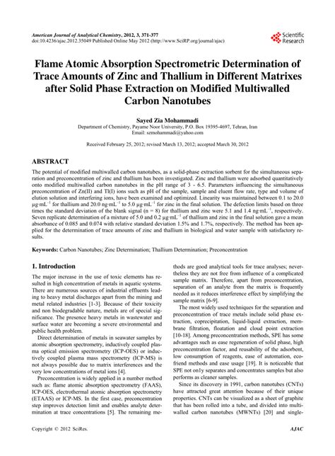 Pdf Flame Atomic Absorption Spectrometric Determination Of Trace Amounts Of Zinc And Thallium