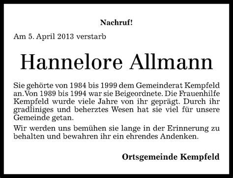 Traueranzeigen Von Hannelore Allmann Rz Trauerde