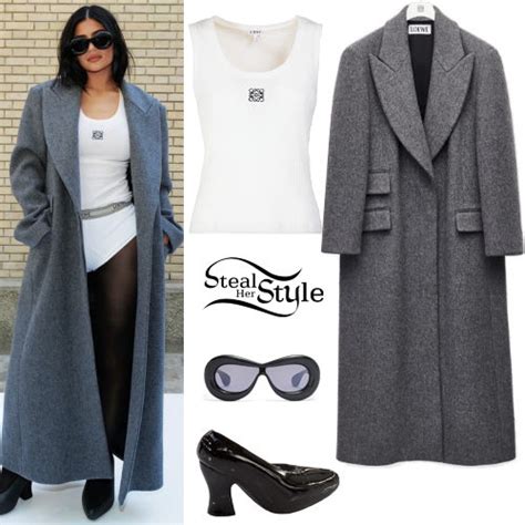 Kylie Jenner Grey Coat White Tank Top