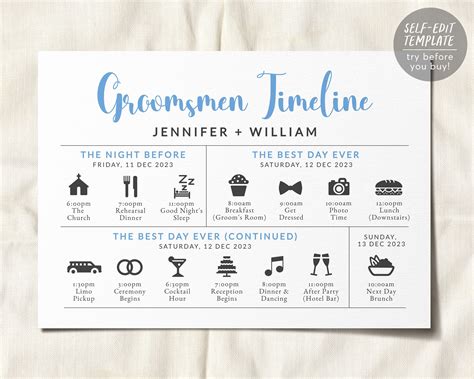 Editable Wedding Day Timeline Groomsmen Itinerary Template Wedding We