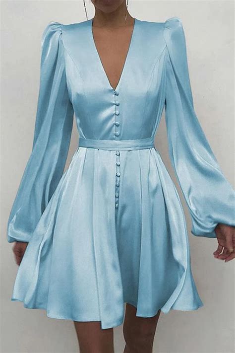 Satin V Neck Puff Long Sleeve Mini Dress Artofit