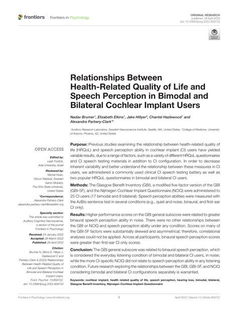 Pdf Relationships Between Health Related Quality Of Life And Speech Perception In Bimodal And
