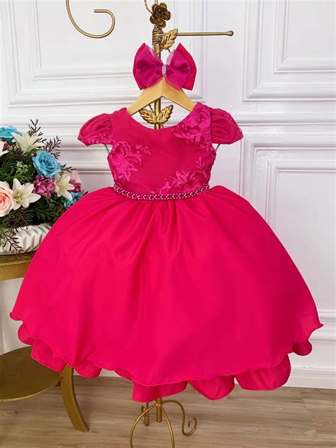 Vestido Infantil Pink C Renda e Cinto de Pérolas e Laço Rosa