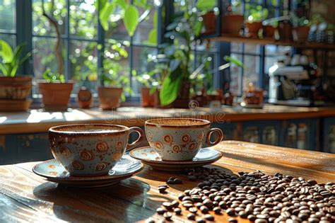 Coffee Cups And Coffee Beans On A Coffee Table In The Style Of