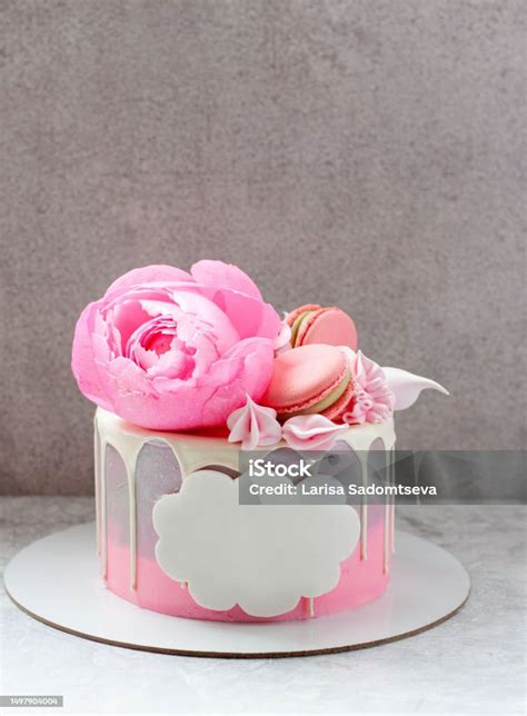 녹은 화이트 초콜릿 마카롱 식용 핑크 모란 꽃 케이크 팝 머랭으로 장식된 우아한 회색 케이크와 텍스트를 위한 복사 공간 0명에 대한 스톡 사진 및 기타 이미지 Istock