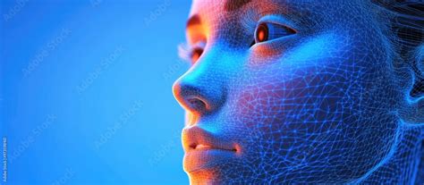 3d Wireframe Representation Of A Young Female Face On A Blue Background Symbolizing Technology