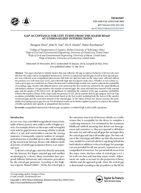 Pdf Gap Acceptance For Left Turns From The Major Road At Unsignalized Intersections