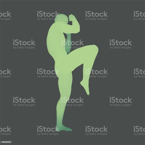 Kickbox 파이터 높은 킥을 실행을 준비 하 고입니다 피트 니스 스포츠 교육과 무술 개념 남자의 3d 모델 3차원 형태에