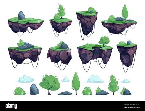 Floating Game Ground Cartoon Rock Grass Water River And Air Floating Level Design For 2d Game