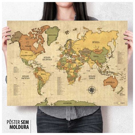 Pôster Mapa Múndi Vintage Pins Adesivos para Marcar suas Viagens