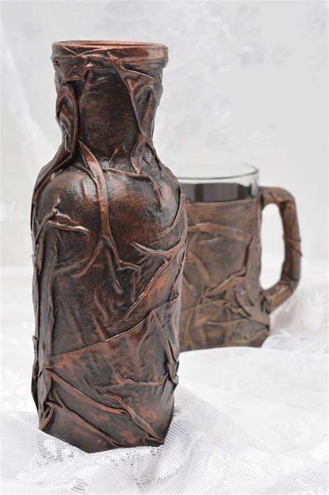 Tasse Design Vase En Verre Et Tissu Faits Main Marron Originaux Déco