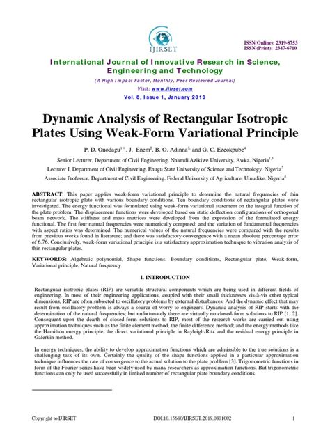 Dynamic Analysis Of Rectangular Isotropic Plates Using Weak Form Variational Principle Pdf