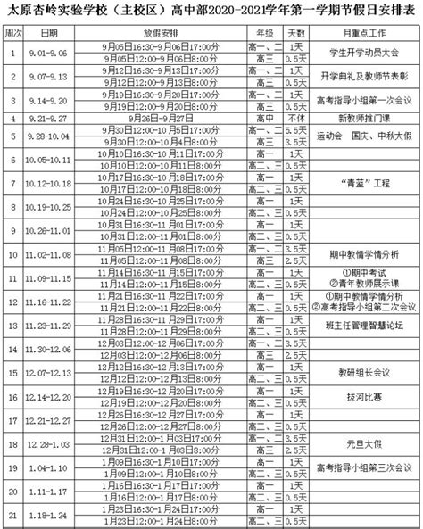 2020 2021年太原杏岭实验学校高中部作息时间表