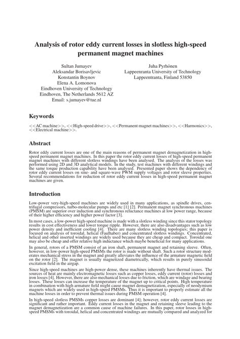 Pdf Analysis Of Rotor Eddy Current Losses In Slotless High Speed