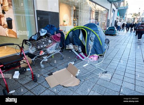 Homeless People Living Rough In Tents In The Main Pedestrian Shopping
