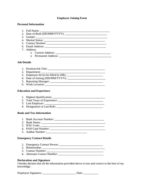 Employee Joining Form Pdf