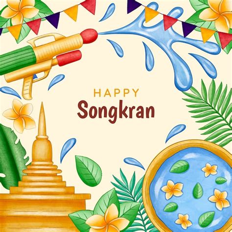 송크란 물 축제 축하를 위한 수채화 프리미엄 벡터