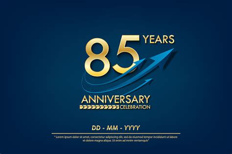 85 주년 기념 헝겊 파란색 배경에 파란색 화살표 리본 기념일 우아함 황금 로고 축하 인사말 및 초대 카드를위한 벡터 일러스트
