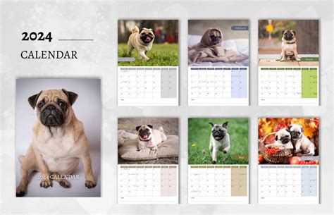 Pug Calendar 2024 Monthly Wall Calendar A4 Hanging Calendar Perfect