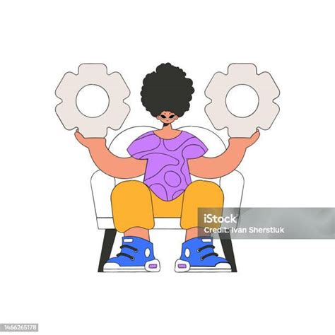 패셔너블한 가이는 손에 기어를 들고 있다 아이디어 테마 개념에 대한 스톡 벡터 아트 및 기타 이미지 개념 개발 과학