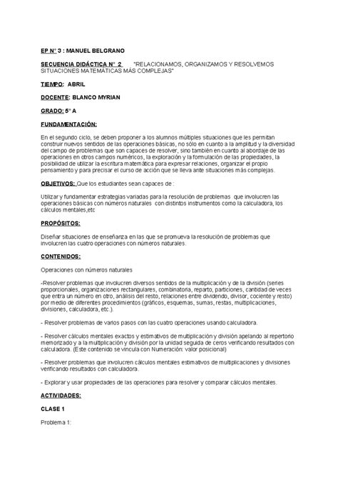 Sec Dic Mat Abril Ep3 Secuencia Didactica De Matematica EP N 3