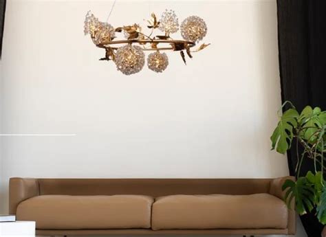 Lustre Pendente Redondo Floral Ninho Iris Cristal Dente de Leão Dourado