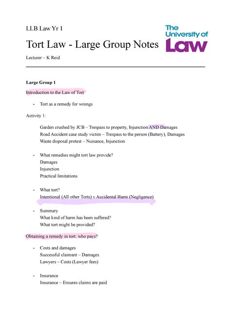 Law Of Tort Copy Lecture Notes LLB Law Yr Tort Law Large Group Notes Lecturer K