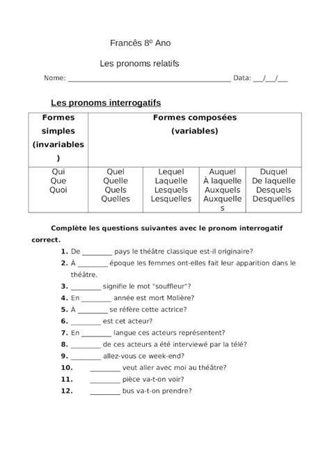 DOC Ficha De Trabalho Les Pronoms Interrogatifs DOKUMEN TIPS
