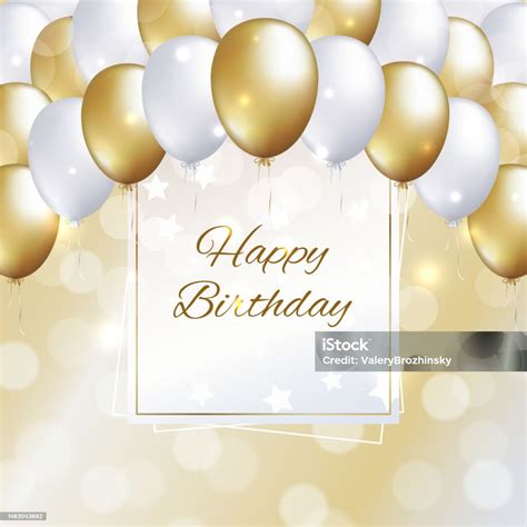 황금색과 흰색 풍선이 있는 생일 축하 카드 인사말 카드 텍스트 프레임이 있는 휴일 파티 배경입니다 밝은 황금색 보케 배경에 금과
