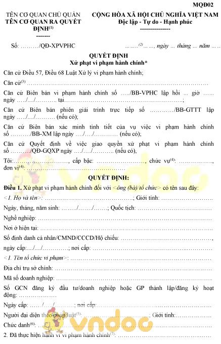 Mẫu MqĐ02 Quyết định Xử Phạt Vi Phạm Hành Chính Hoatieuvn