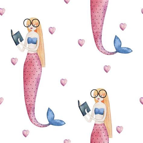 Premium Photo Watercolor Seamless Pattern With Cute Mermaids And Hearts