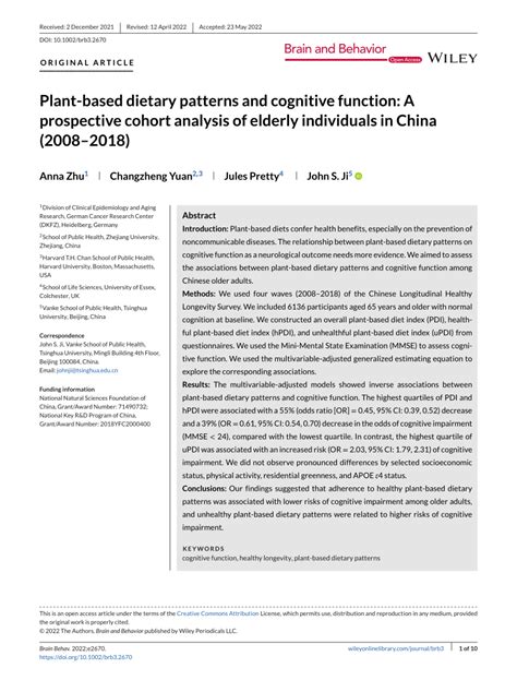 Pdf Plant‐based Dietary Patterns And Cognitive Function A