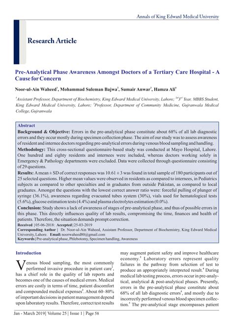 Pdf Preanalytical Phase Awareness Amongst Doctors Of Tertiary Care Hospital Of Lahore