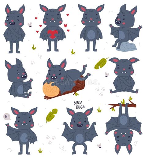 Cute Friendly Baby Bat Characters Set Halloween Symbols Cartoon Vector Illustration Stock