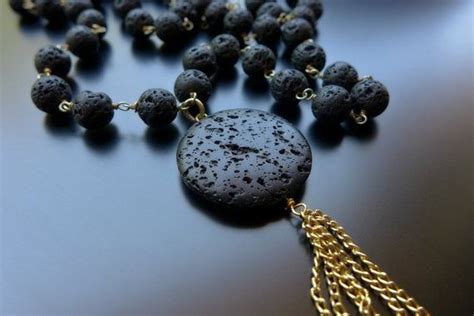 Lava Necklace Black Stone Necklace Long Lava Rock Necklace With Gold