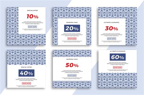 추상적 인 기하학적 패턴의 정사각형 광고 웹 배너 세트 소셜 미디어 모바일 응용 프로그램을위한 트렌디 한 판매 및 할인 프로모션 배경 벡터 편집 가능한 배경 Eps 10