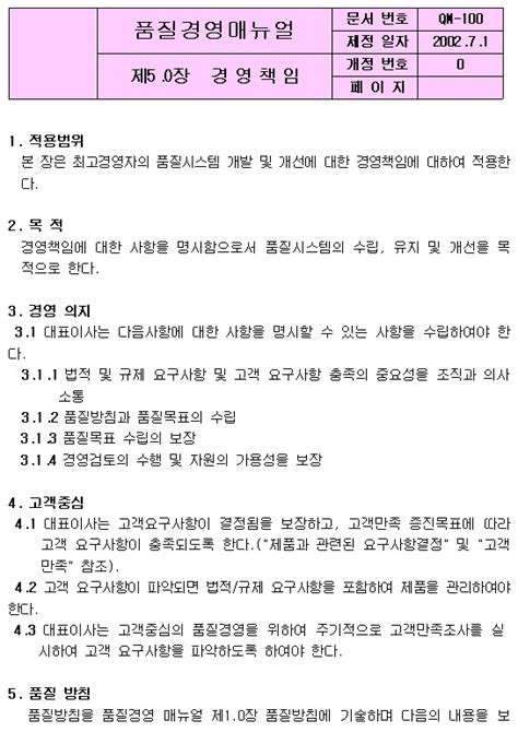 경영 책임품질 경영 매뉴얼 업종별서식
