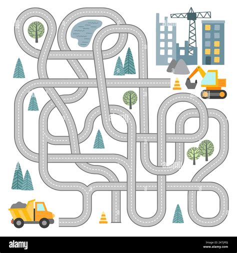 Maze Game With Vehicles And Tangled Road Help The Truck To Reach The