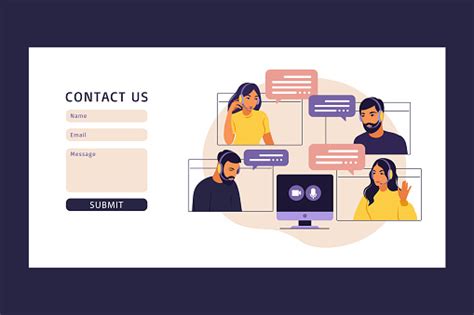 웹 양식 템플릿에 문의하십시오 사람들 그룹의 비디오 회의 화상 회의를 통한 온라인 회의 원격 작업 기술 개념 플랫 스타일로 벡터 그림 개념에 대한 스톡 벡터 아트 및 기타