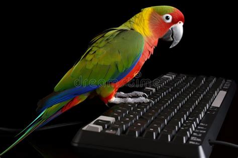A Curious Exotic Parrot On A Laptop Keyboard Stock Illustration