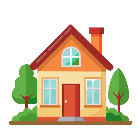 Maison Et Arbres Dans Le Style De Dessin Animé Sur Fond Blanc Vecteur
